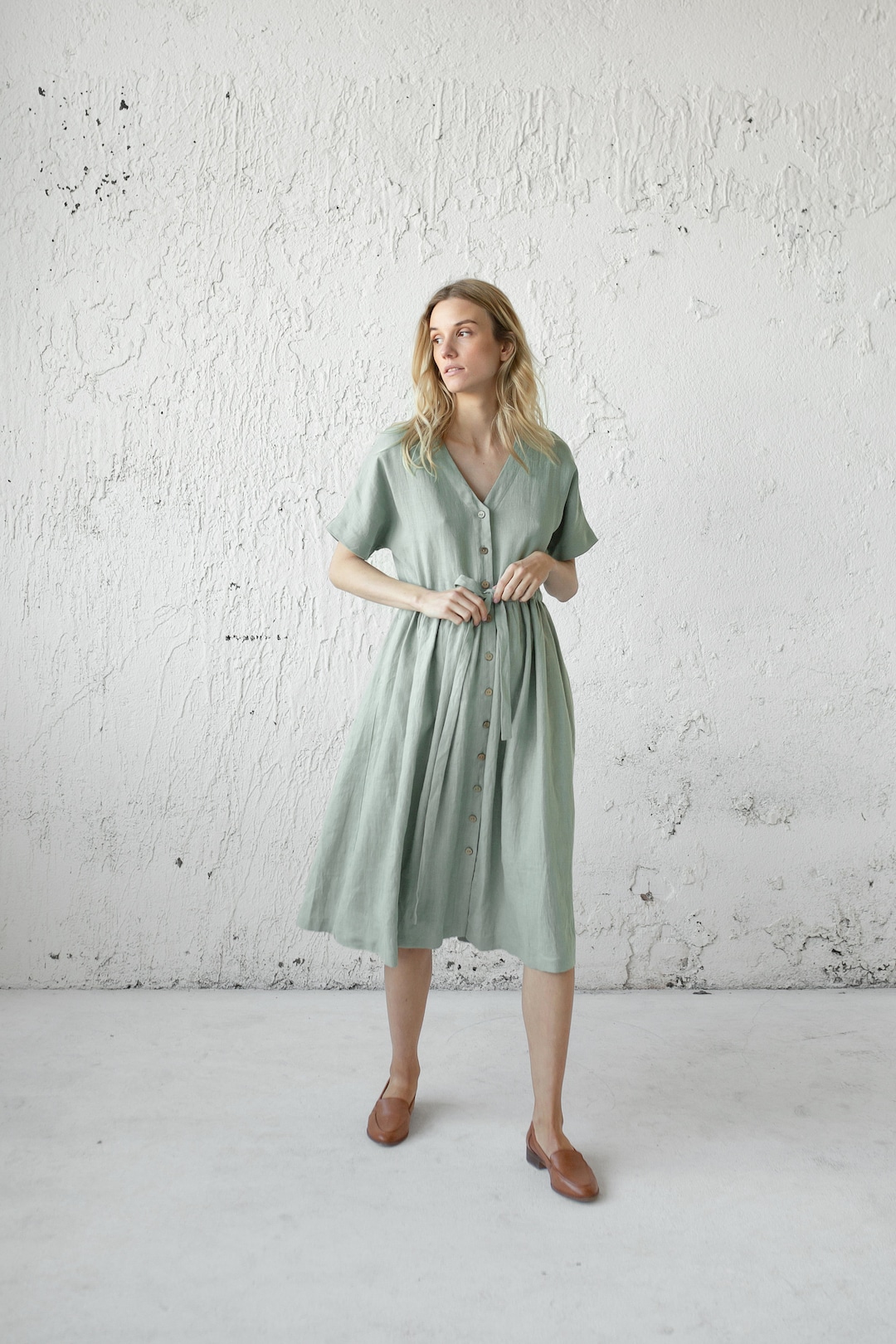 Mid Century Modern Dress, Womens Clothing, Linen Button Down Dress ...