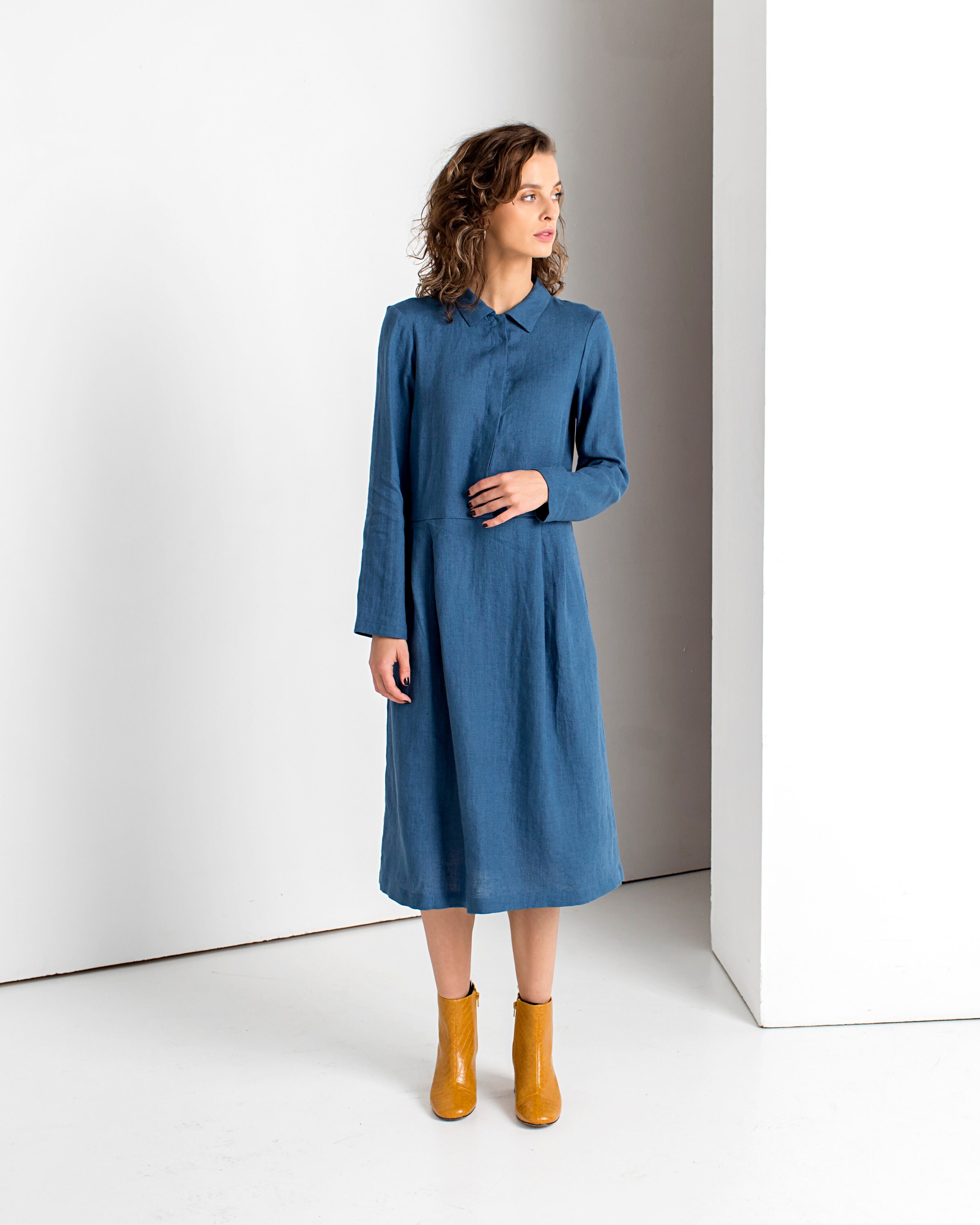 Women Linen Dress Collared Linen Dress Buttoned Linen Dress | Etsy