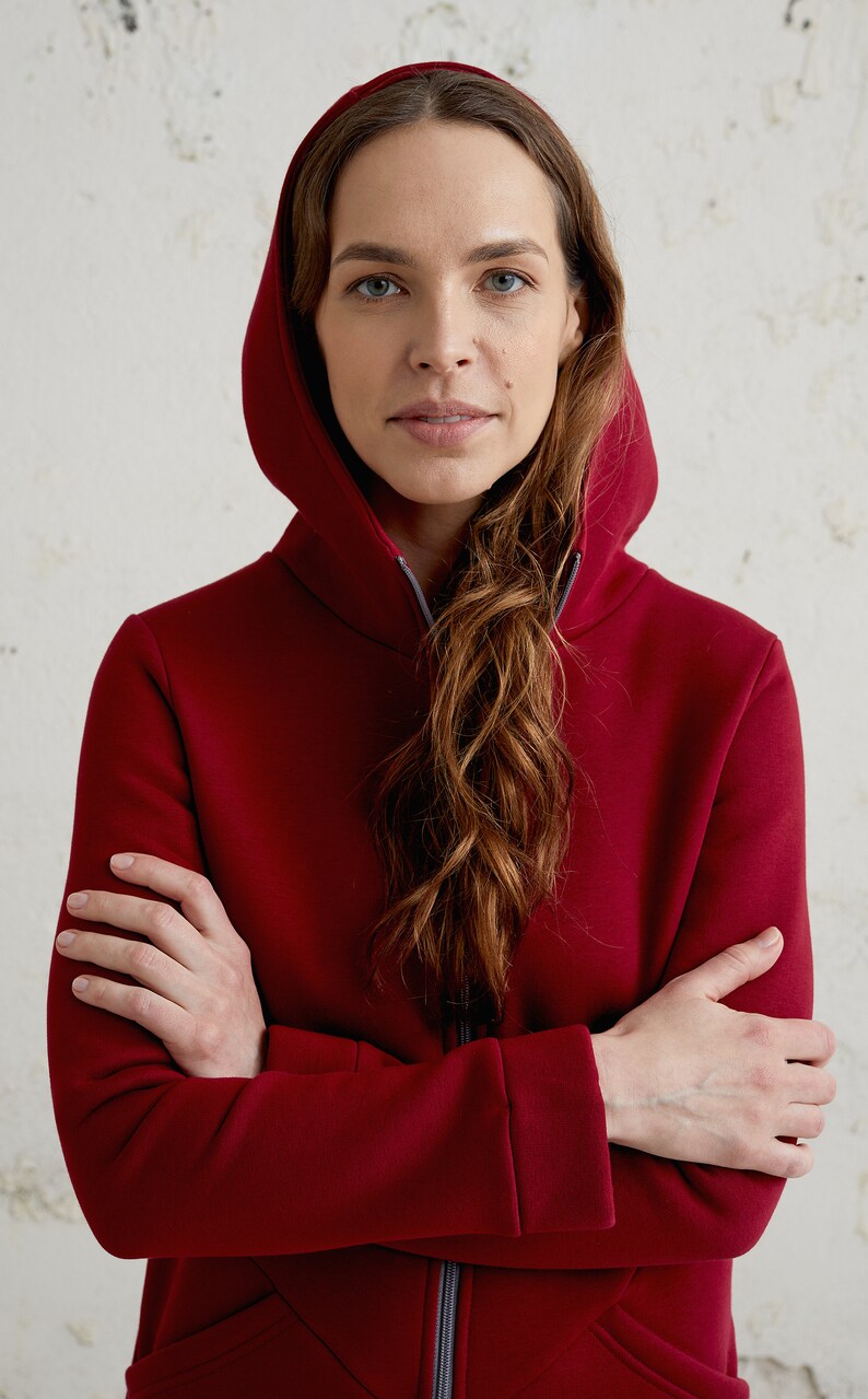 Red Zipper Handmade Hoodie, Comfy Cotton Sweatshirt, Jackets and Coats ...