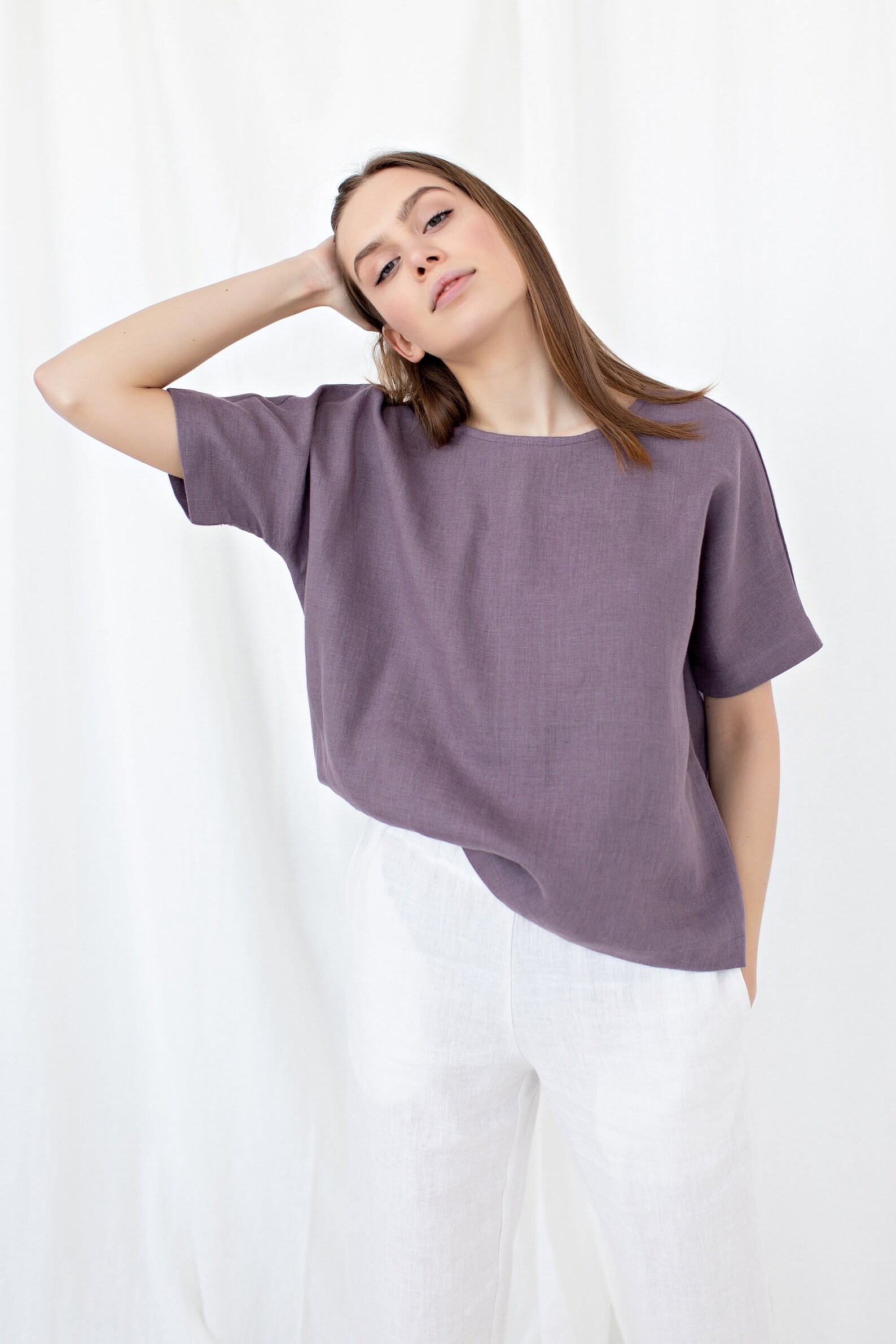 Loose Linen Top With Crew Neck in Minimalist Style - Different Colors ...