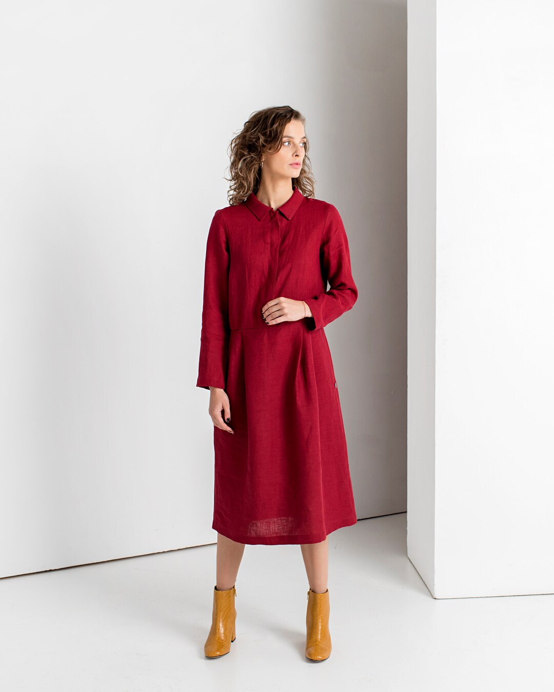 Red Linen Dress, Red Collared Shirt Dress, Button Down Dress in Linen ...