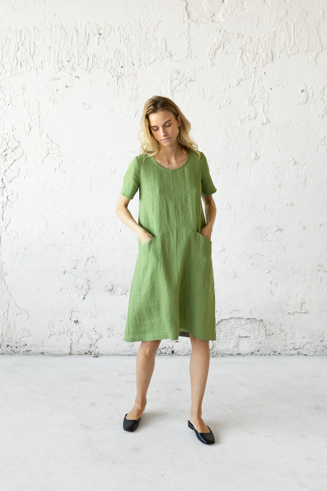 Minimalist Midi Dress, Linen Shift Dress, Mid Century Modern, Short ...