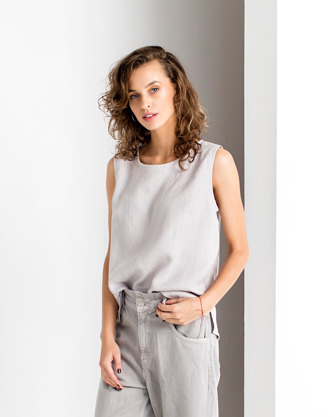 Light Grey Top, Linen Top, Summer Top, Sleeveless Blouse, Linen ...