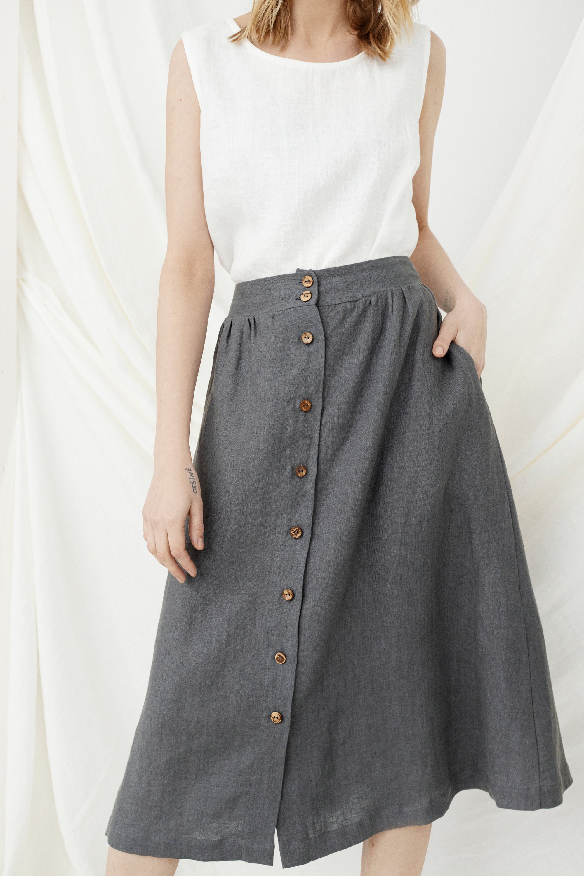 Linen Skirt With Buttons, Women Midi Skirt, Loose Skirt Linen Skirt With Buttons, Women Midi Skirt, Loose Skirt
