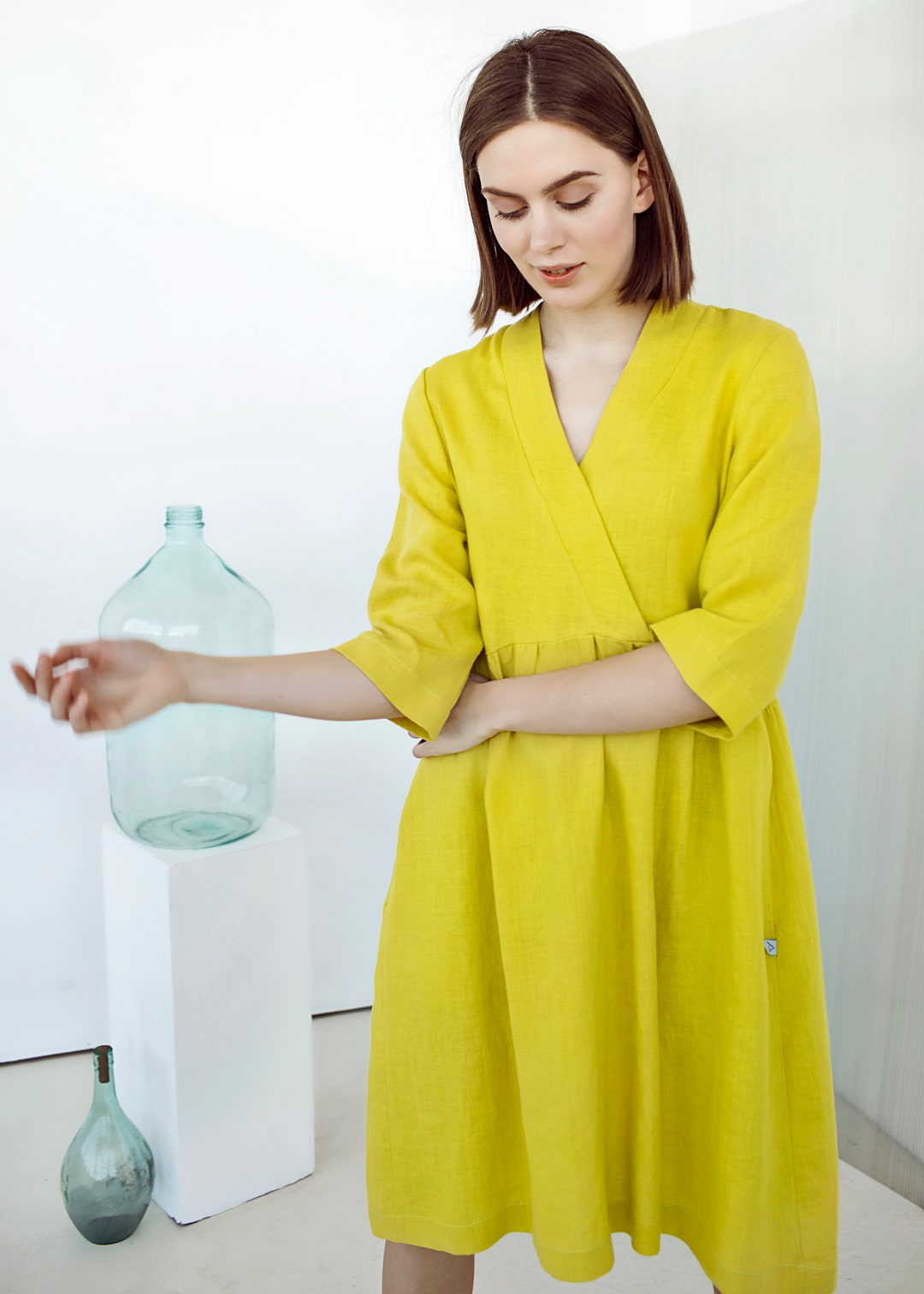 Chartreuse Wrap Dress Made From Linen - Womens Occasion Dresses Ideal ...