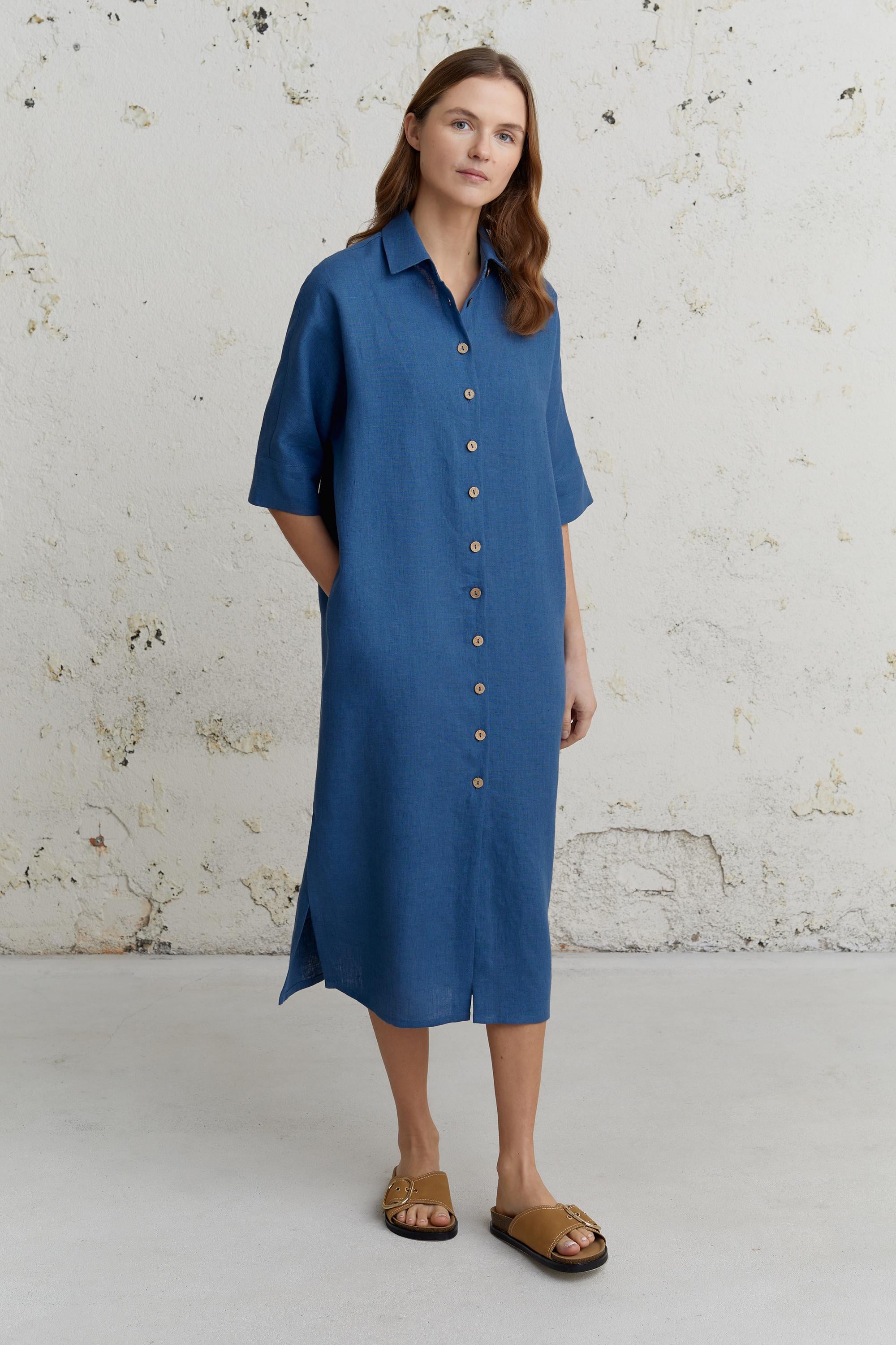 Blue Linen Midi Dress, Summer Style, Linen Clothing, Womens Clothing ...