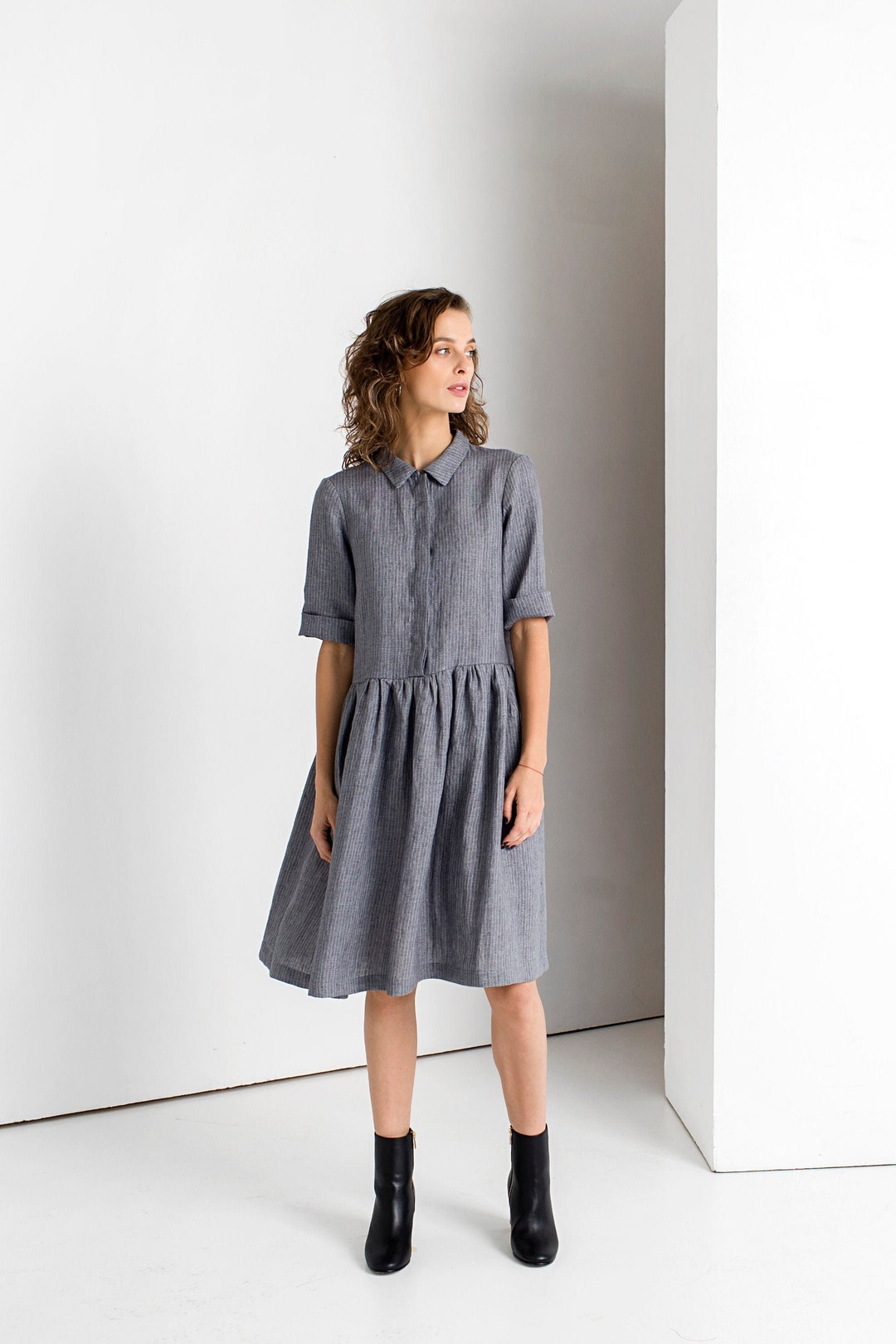 Modest Linen Smock Prairie Shirtdress for Women With Collar in Preppy ...