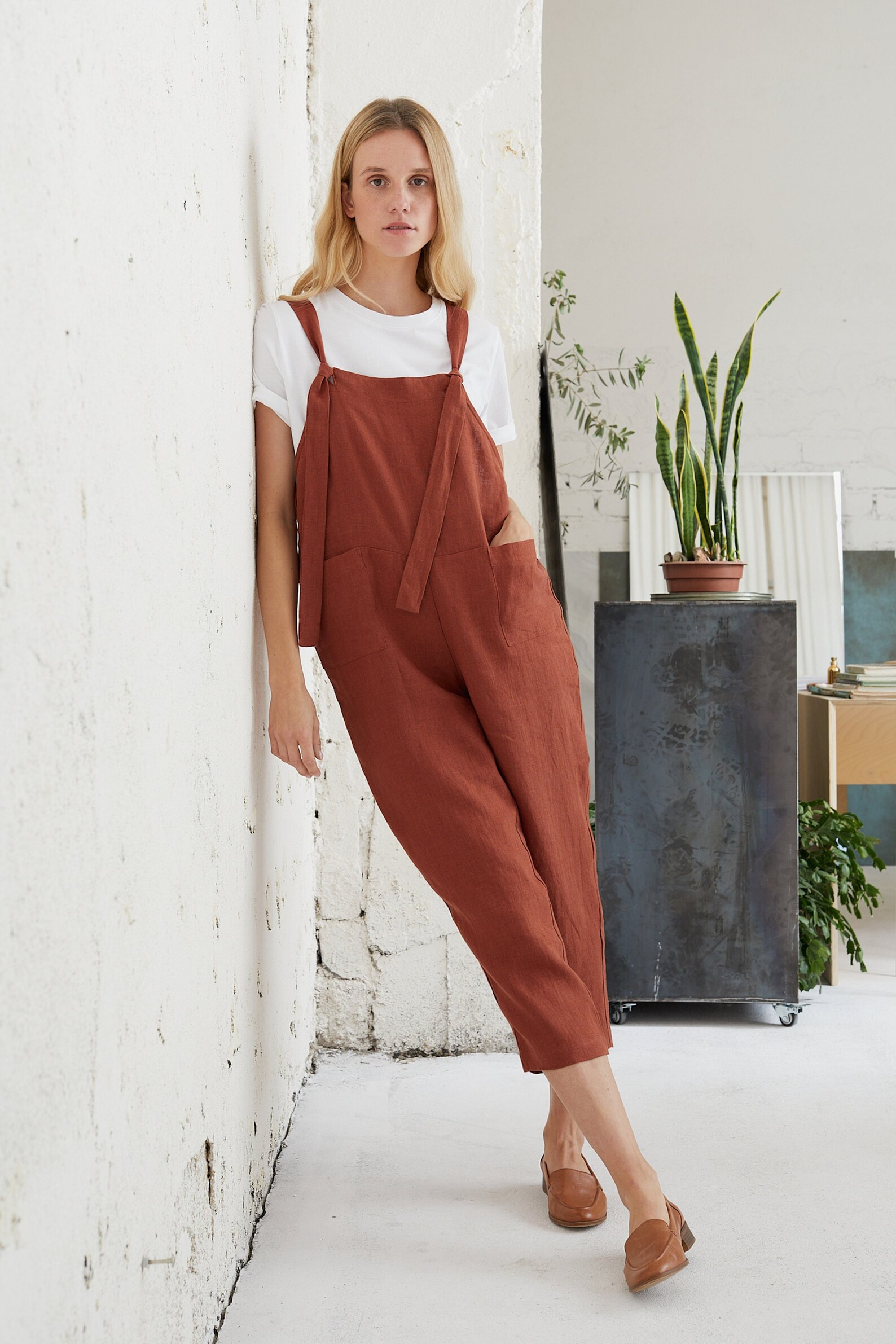 Terracotta Jumpsuit, Linen Dungarees, Farmhouse Jumpsuit, Casual ...