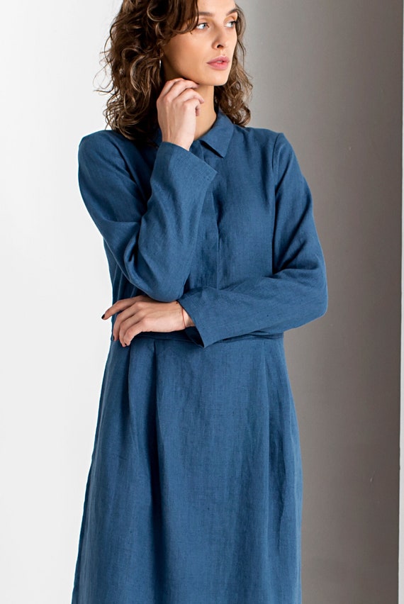 Women Linen Dress Collared Linen Dress Buttoned Linen Dress | Etsy