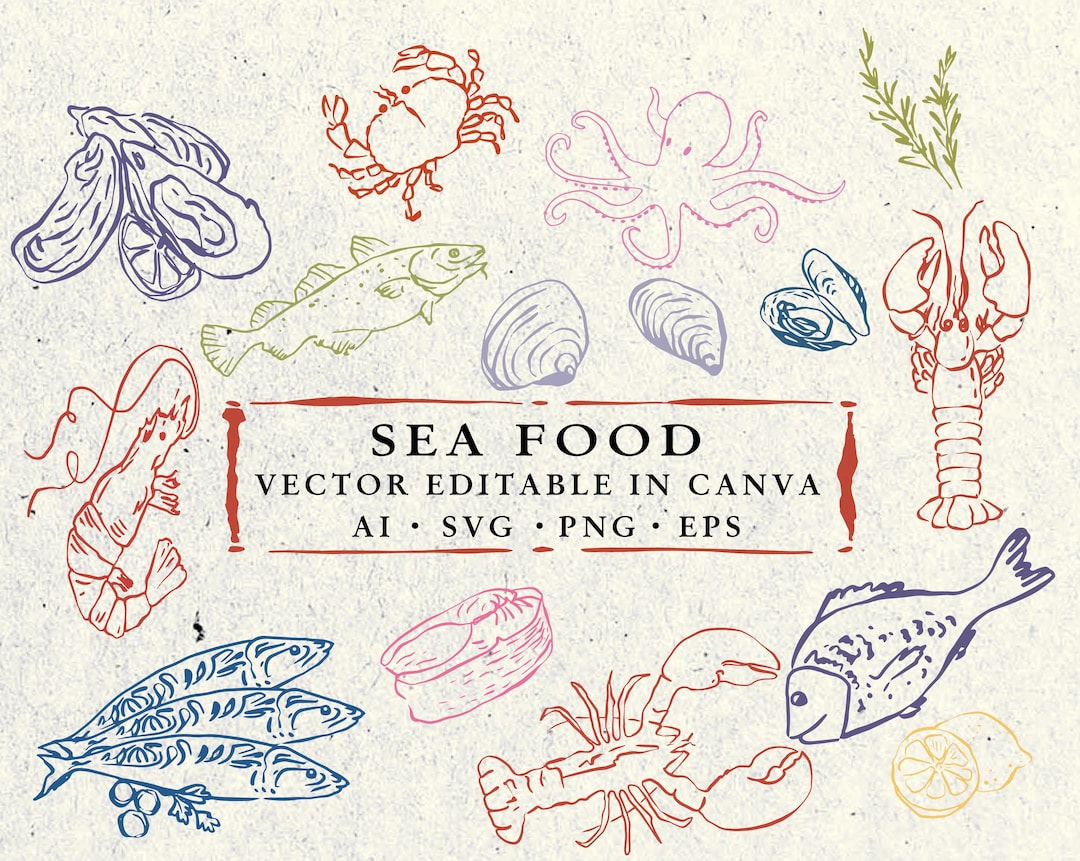 Seafood Illustration SVG PNG Bundle - Hand Drawn Fish Outline, Drawing ...