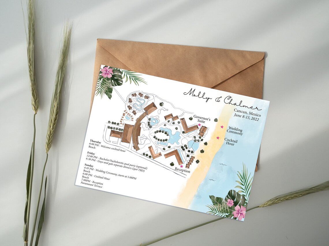 Custom Wedding Map 7 Main Locations Watercolor Wedding Map - Etsy