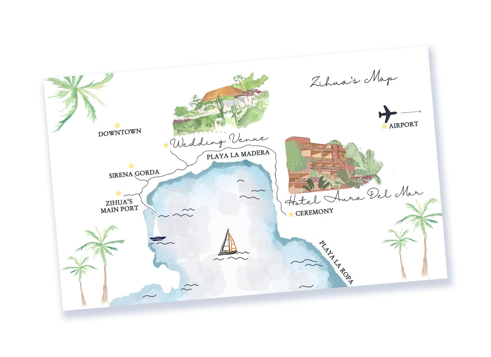 Custom Wedding Map 7 Main Locations Watercolor Wedding Map - Etsy