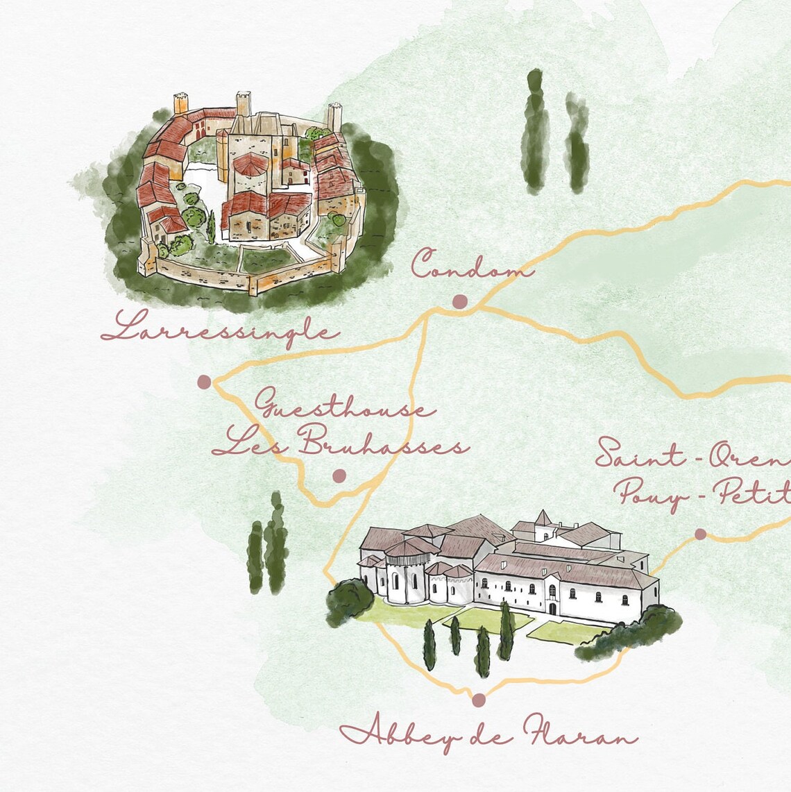 Custom Wedding Map 5 Main Locations Watercolor Wedding Map - Etsy