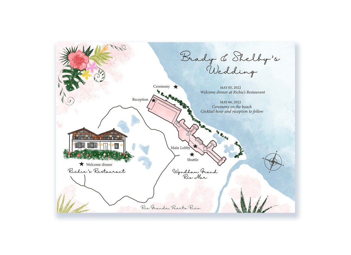 Custom Wedding Map 7 Main Locations Watercolor Wedding Map - Etsy