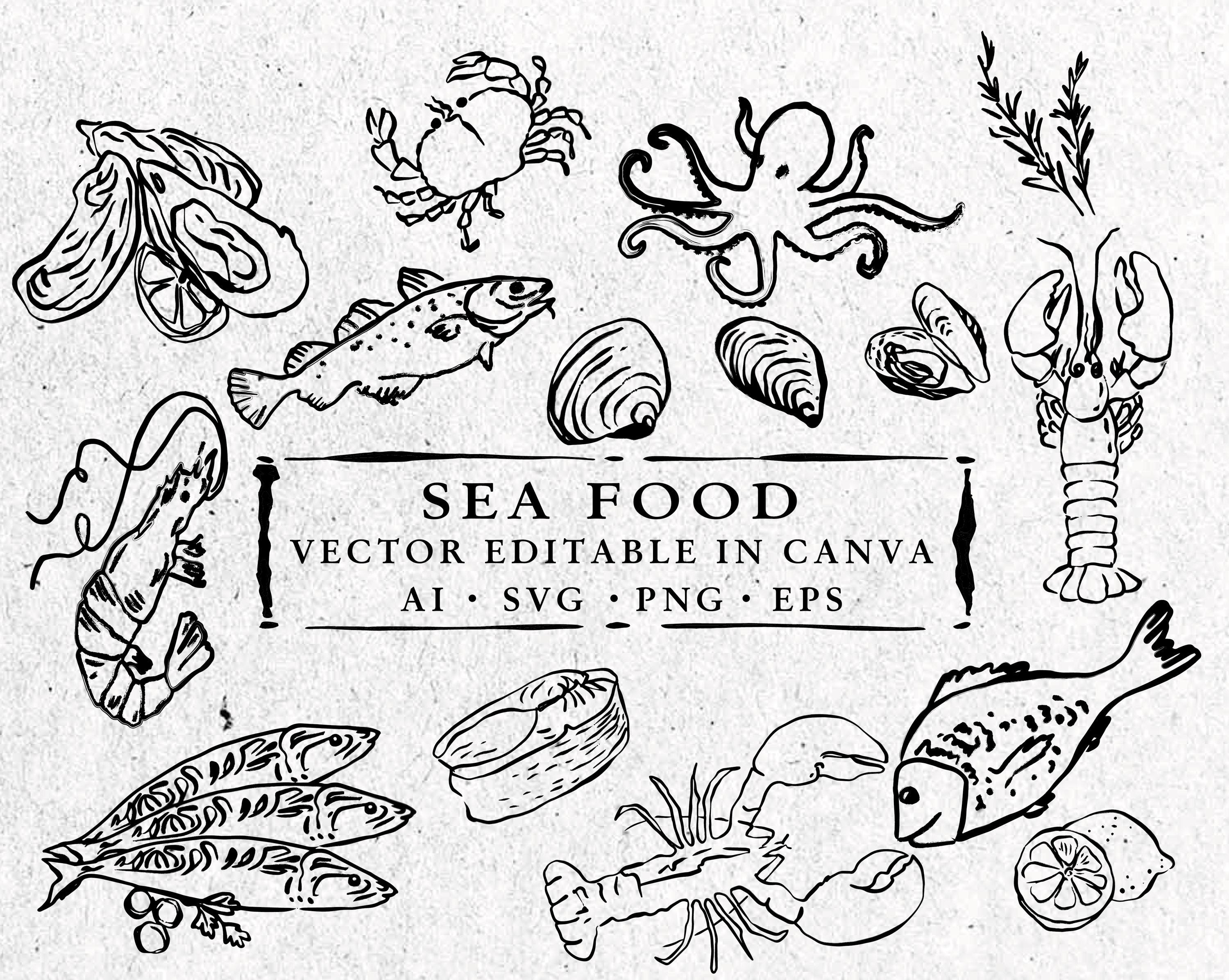 Seafood Illustration SVG PNG Bundle - Hand Drawn Fish Outline, Drawing ...