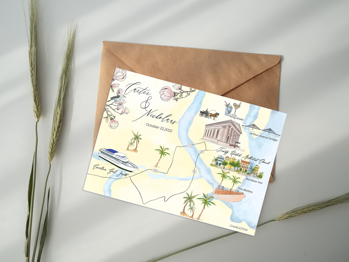 Custom Wedding Map 7 Main Locations Watercolor Wedding Map - Etsy