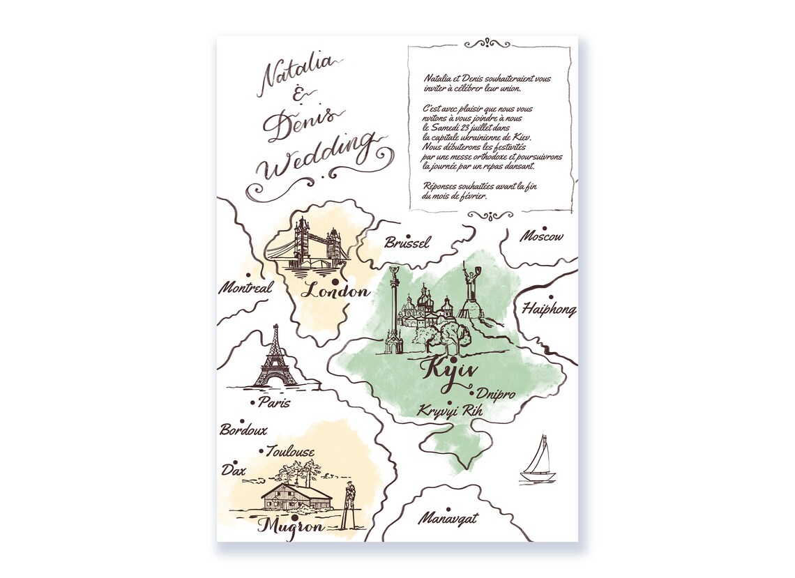 Custom Wedding Map 7 Main Locations Watercolor Wedding Map - Etsy