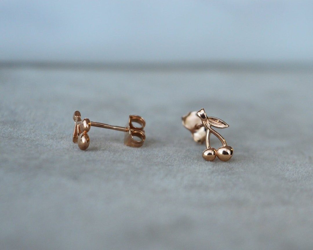 14K SOLID Rose Gold Cherry Earrings / Dainty Fruit Studs / Solid Gold Cherries / Rose Gold ...