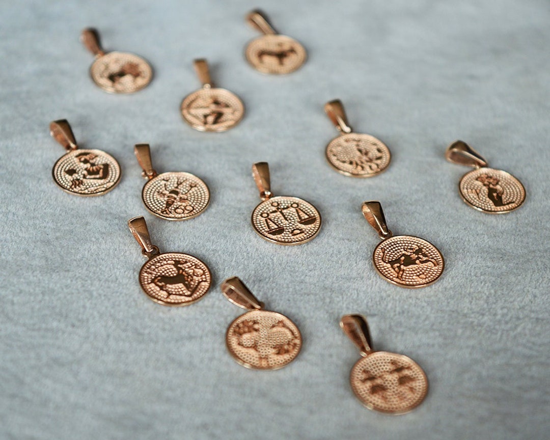 Solid 14K Rose Gold Zodiac Sign Pendant / Real Gold Horoscope Necklace ...