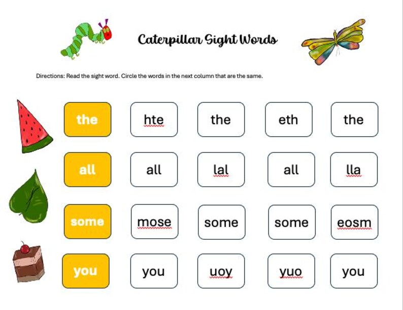 The Very Hungry Caterpillar Sight Words - Etsy
