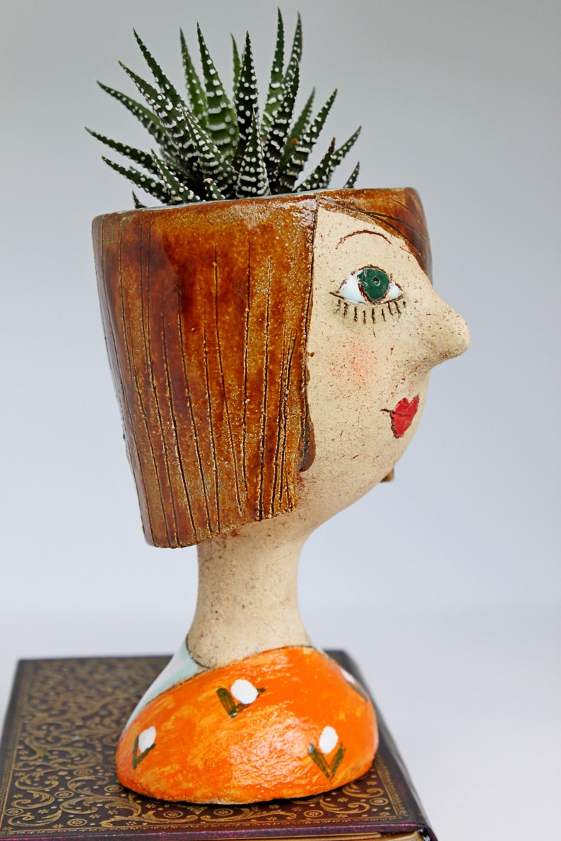 Unique ceramic head planter Lady's face plant pot cactus | Etsy