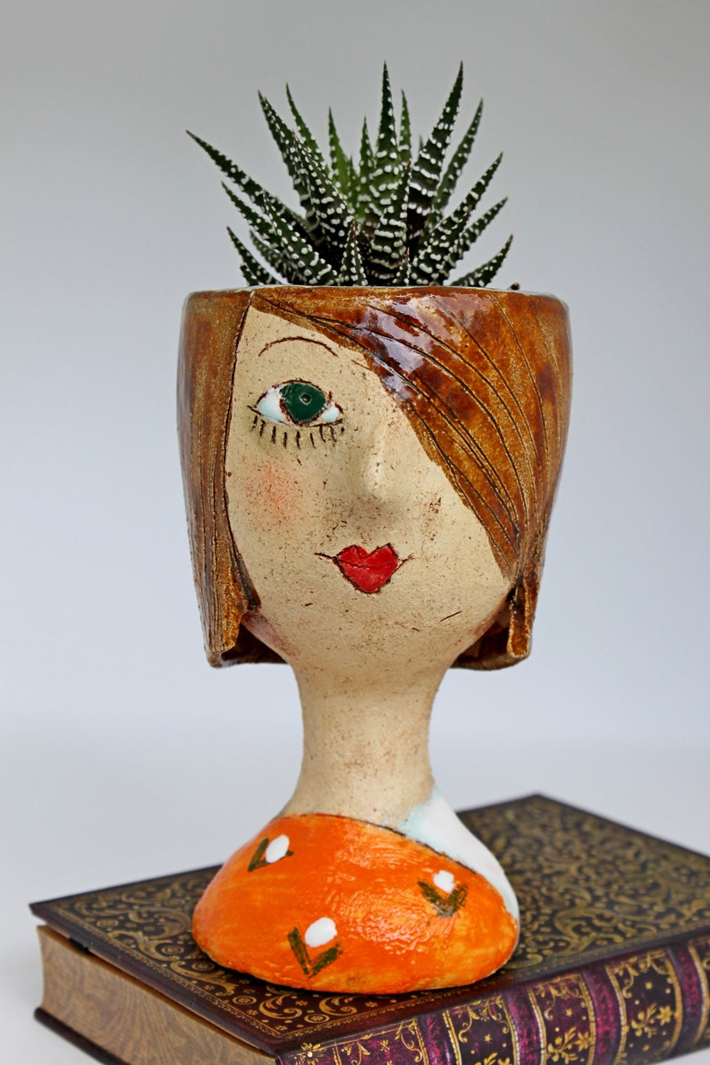 Unique ceramic head planter Lady's face plant pot cactus | Etsy