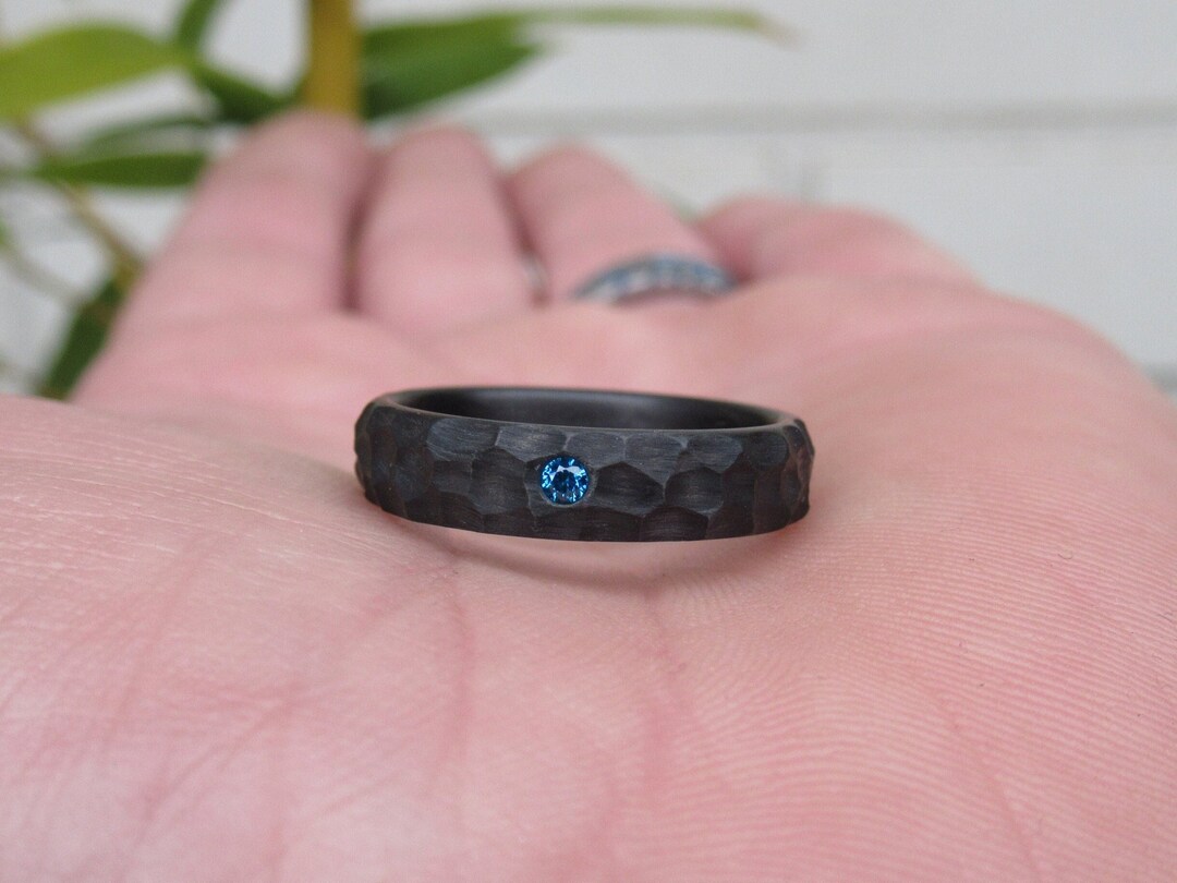 Blue CZ Diamond, Goth Ring, Hammered Ring, Carbon Fiber Ring, Obsidian ...