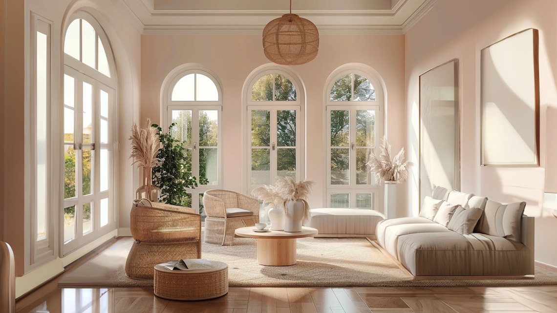 Boho Chic Zoom Background - Virtual Meeting Setup - Elegant Living Room ...