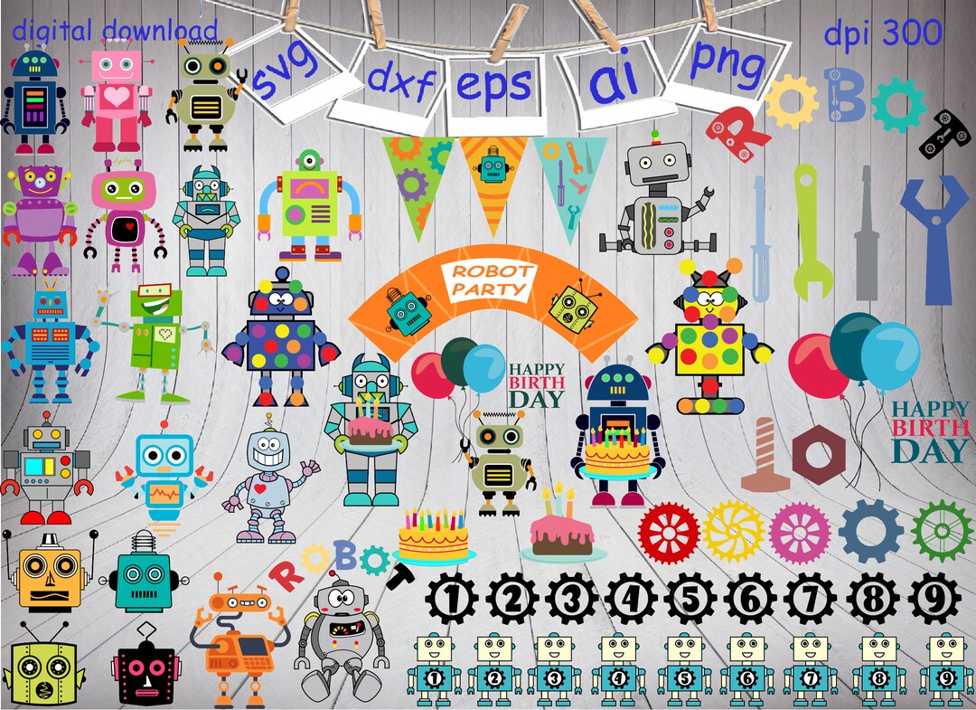 Robots Birthday Party Svg, Robots Birthday Pack Svg, Robots Svg ...