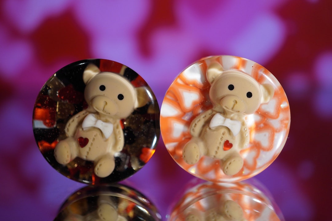 Teddy Bear Valentines Day Hearts Double Flare Ear Plug Gauge Earrings ...