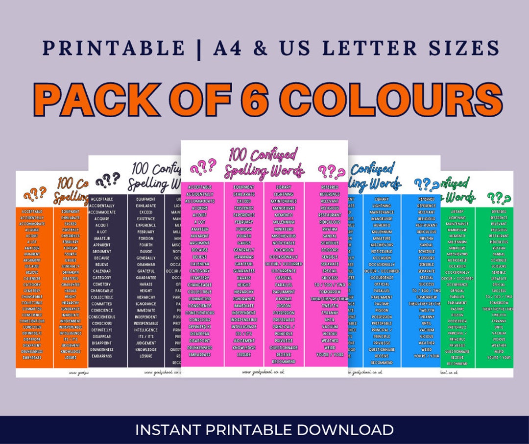 100 Confused Spelling Words | Bright Colours | Spelling Printable ...