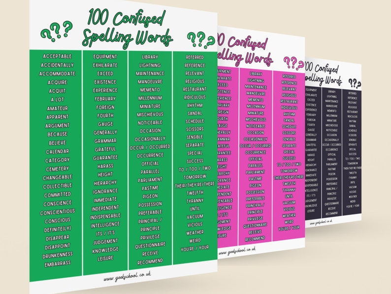 100 Confused Spelling Words Bright Colours Spelling Printable ...