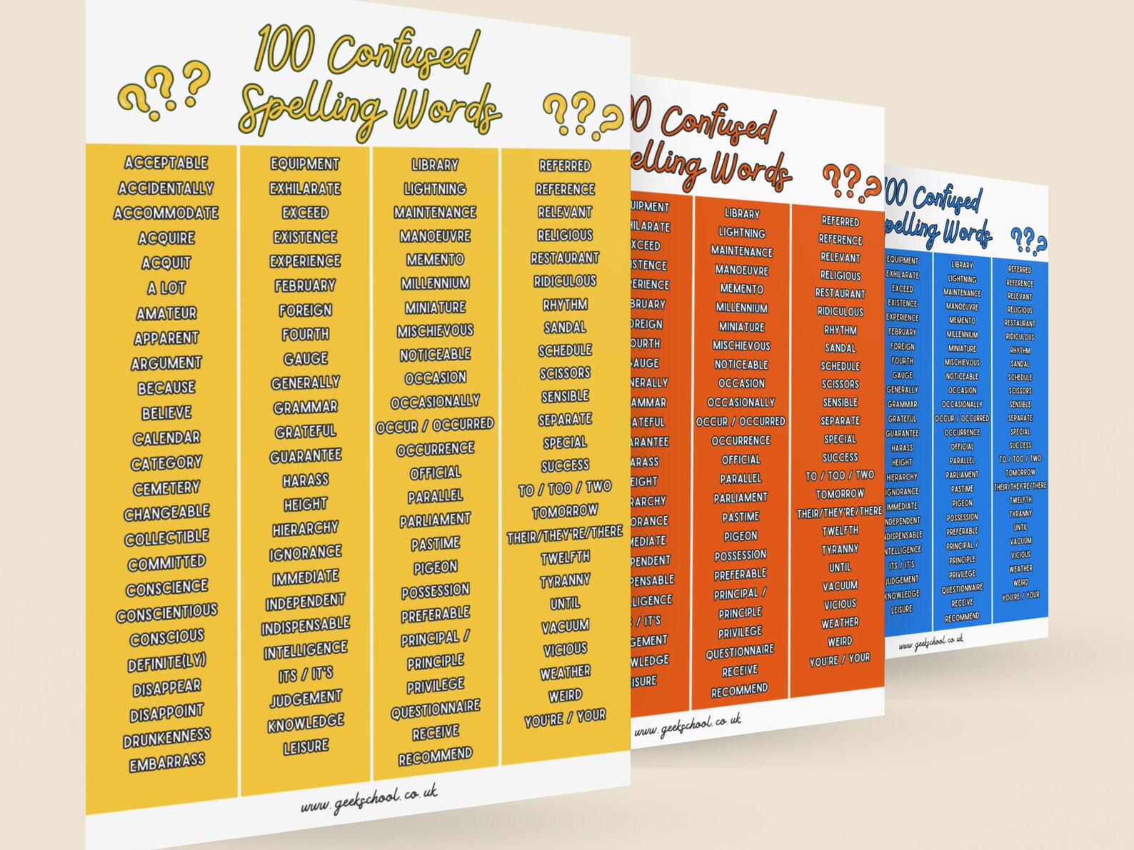 100 Confused Spelling Words | Bright Colours | Spelling Printable ...