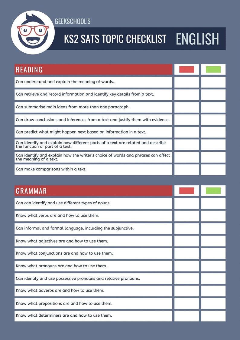 Key Stage 2 and SATS English Checklist - Etsy