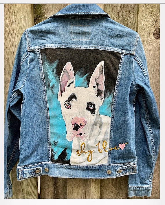 Custom hand painted pet portrait denim jacket deposit | Etsy