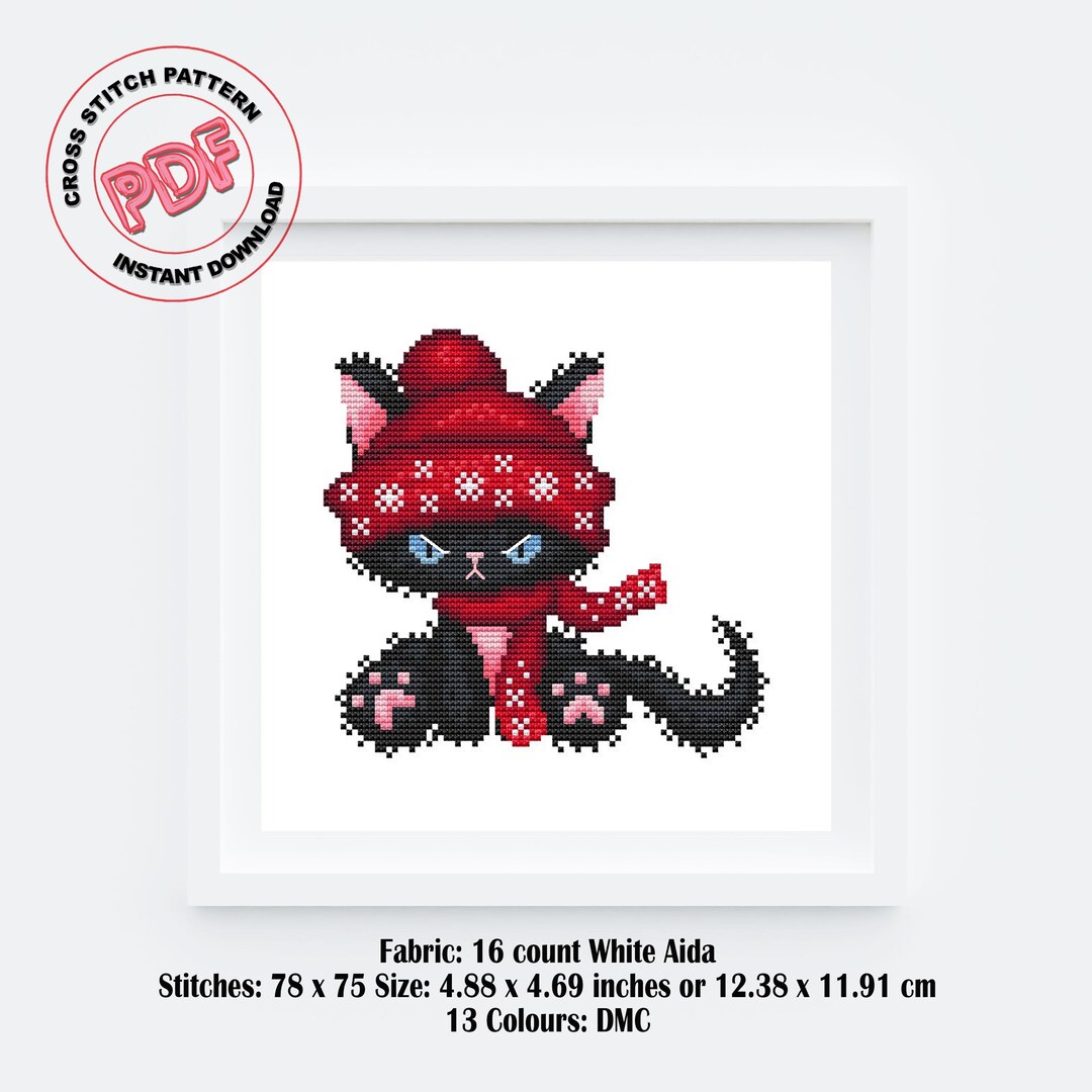 Winter Grumpy Cat Cross Stitch Pattern PDF, Black Cat in Hat and Scarf ...