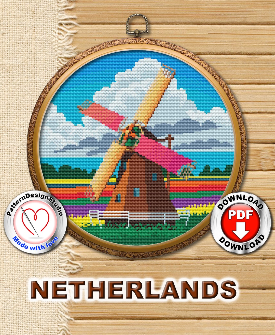Dutch Cross Stitch PDF Pattern Netherlands Windmill Travel Cross Stitch ...