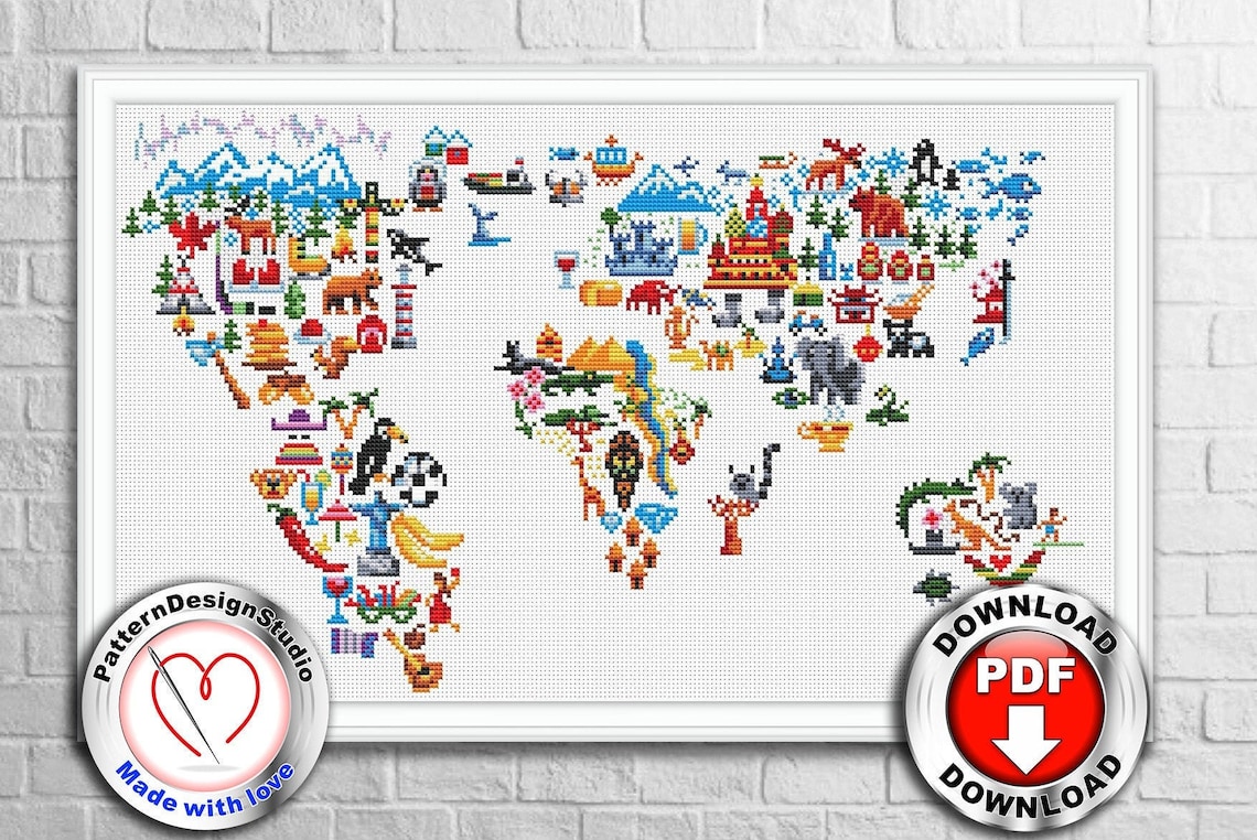 World Map Cross Stitch Pattern PDF Travel Cross Stitch Modern - Etsy