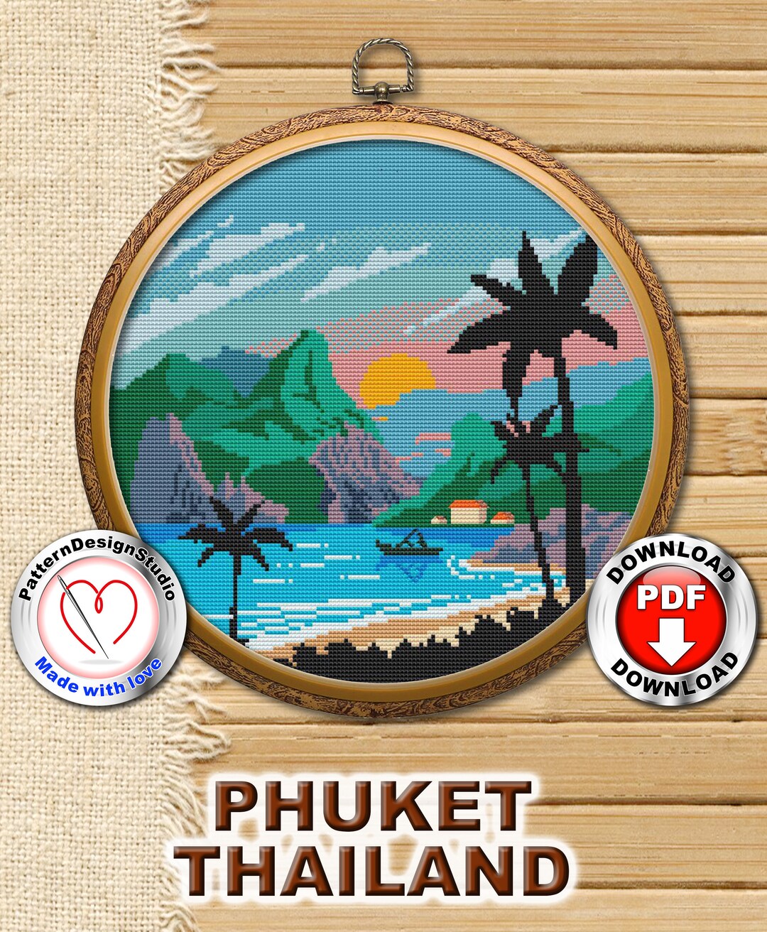 Beach Sunset Embroidery PDF Pattern Cross Stitch Download Phuket ...