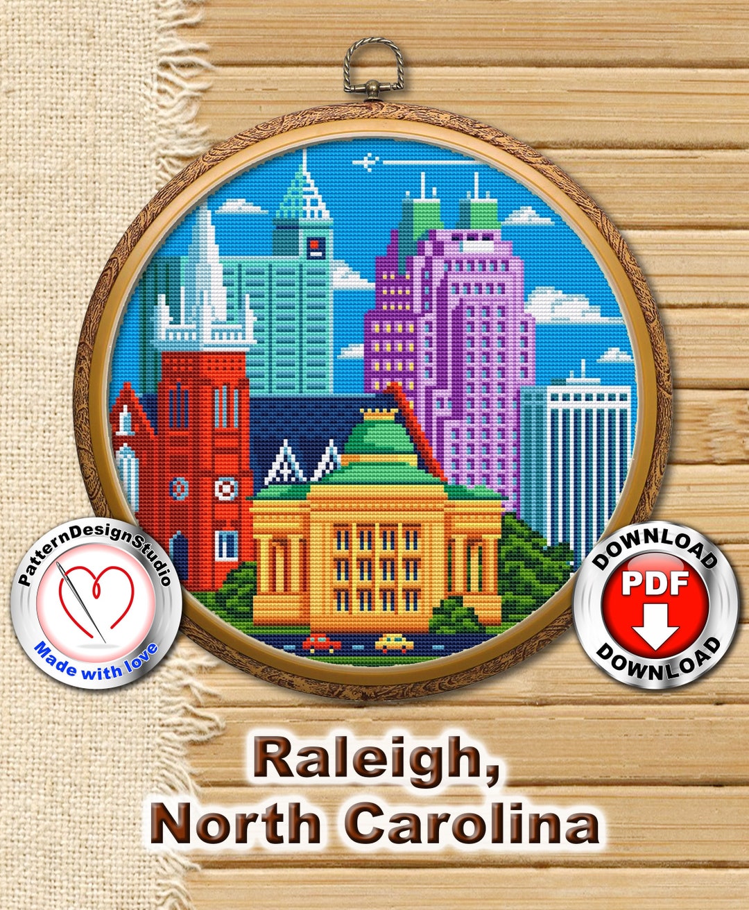 North Carolina Cross Stitch Pattern PDF, Raleigh, City Skyline, Travel ...