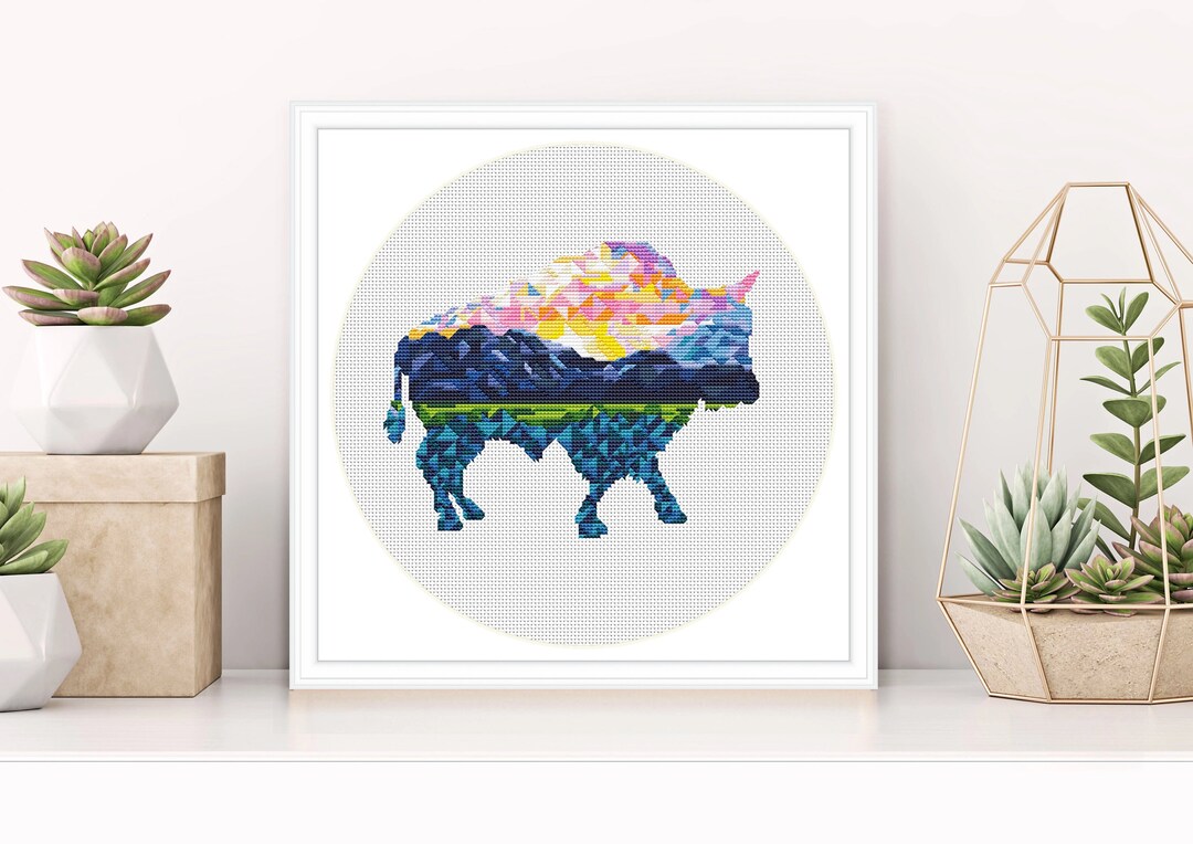 Polygonal Buffalo Cross Stitch Pattern - Geometric Animal Silhouette ...