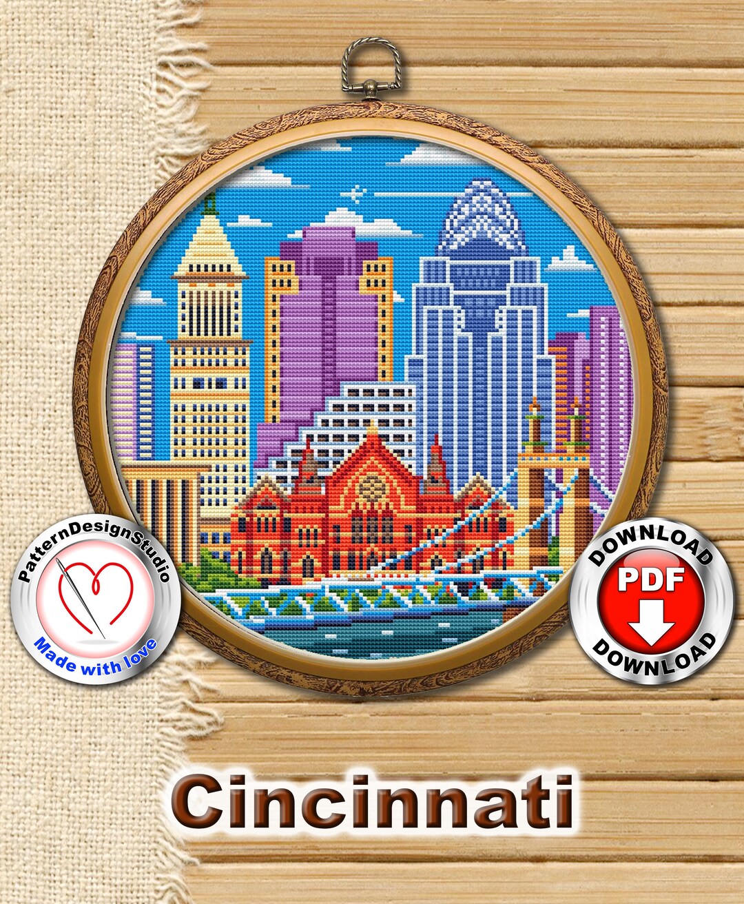 Cincinnati Cross Stitch Pattern PDF, Travel USA Cross Stitch ...