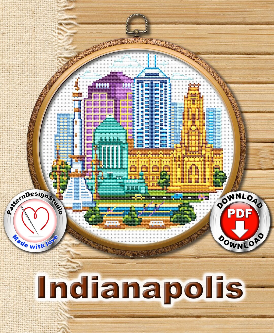 Indianapolis Cross Stitch Pattern PDF, Travel USA Cross Stitch, City ...