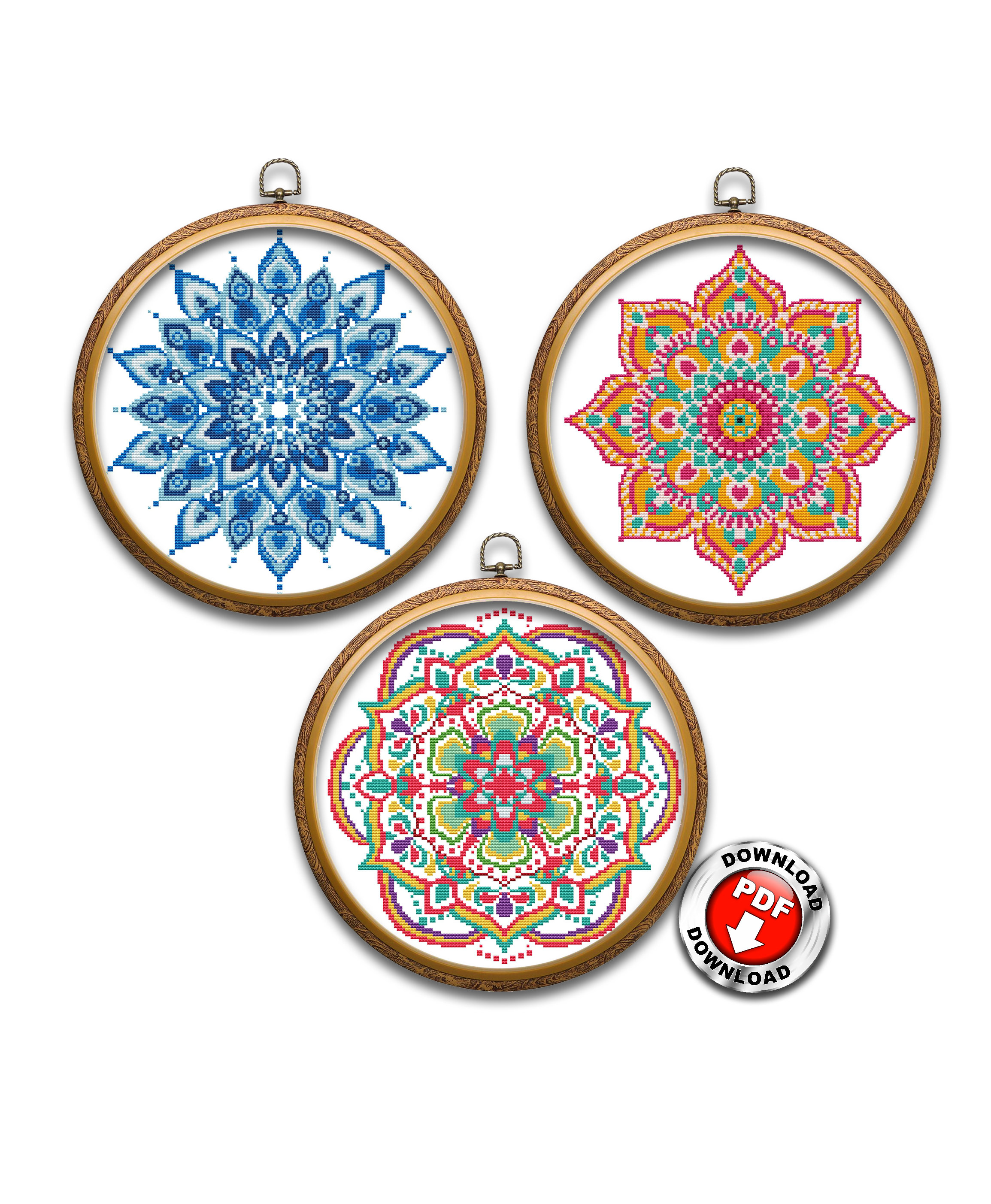 Mandala Cross Stitch Pattern Set of 3 Colorful Mandala Flower Geometric ...