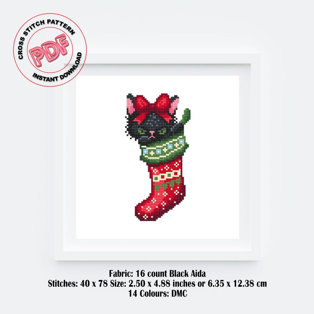 Christmas Angry Cat Cross Stitch Pattern PDF Download, Black Cat in a ...