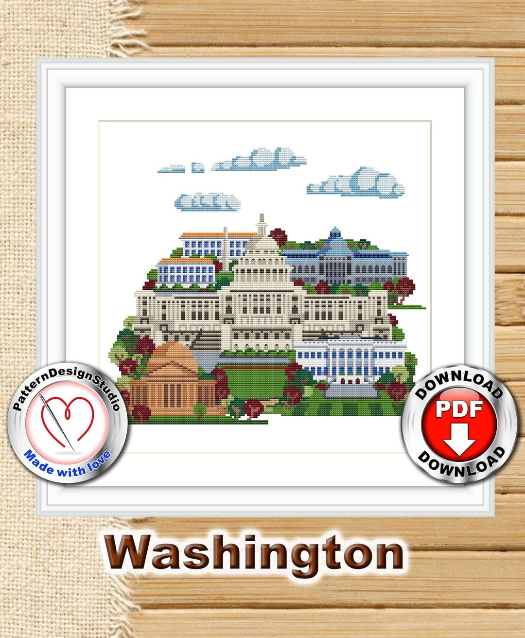 Washington Cross Stitch Pattern PDF, City Skyline, Embroidery Design ...