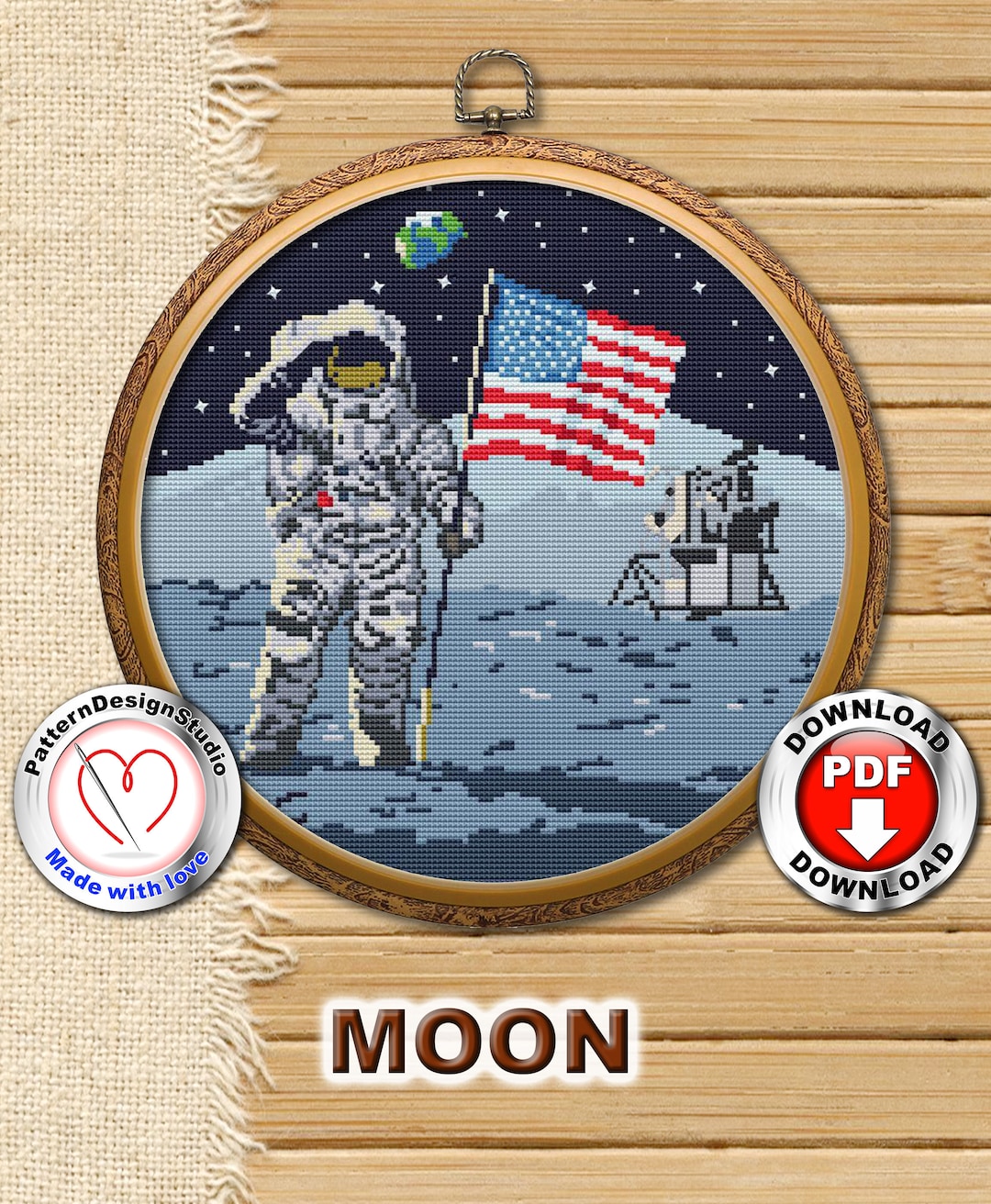 Moon Landing Embroidery PDF Pattern Cross Stitch Download Spacex USA ...