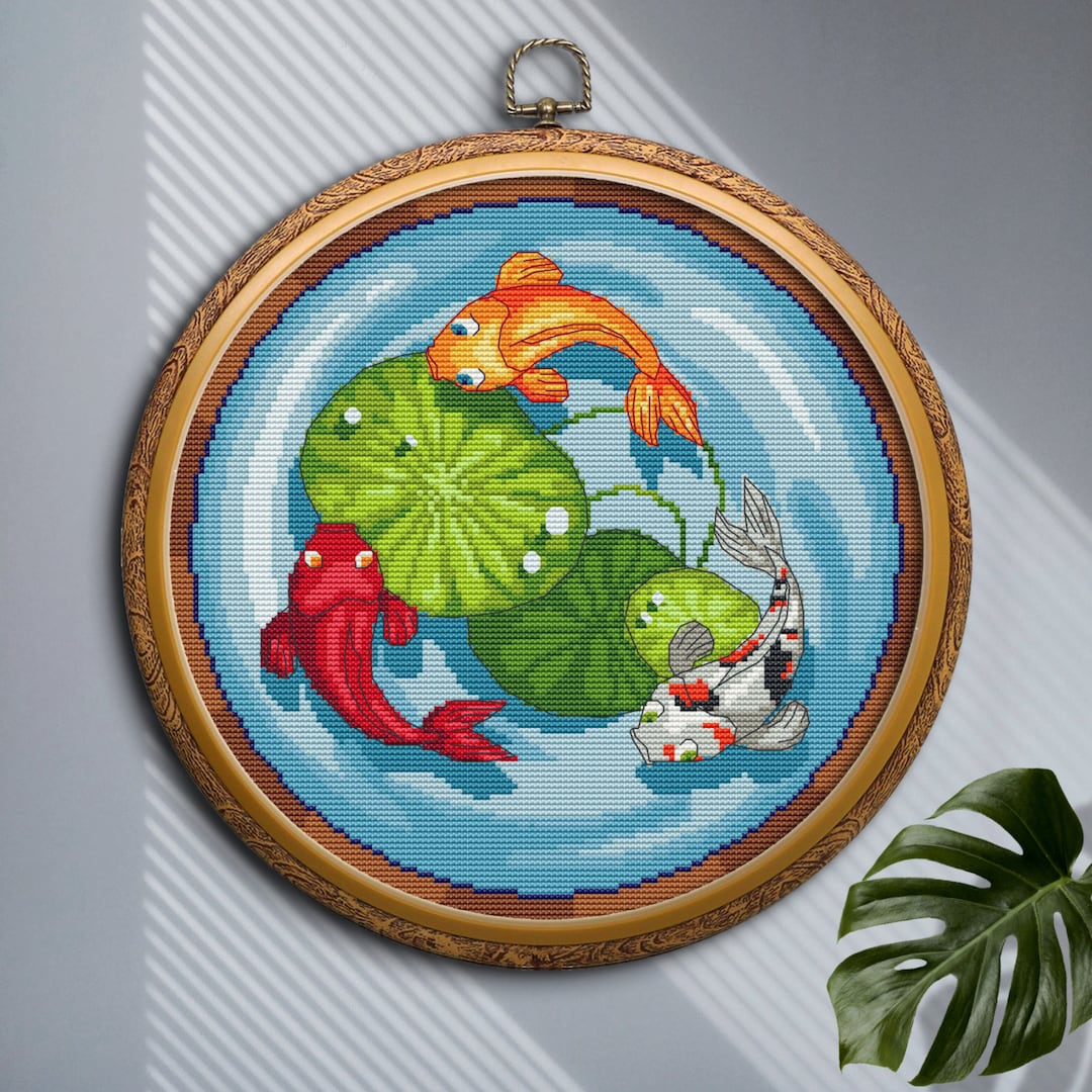 Koi Pond Cross Stitch Pattern PDF Download, Oriental Koi Fish and Lotus ...