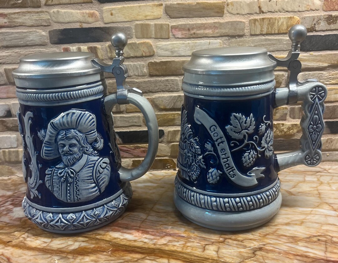 German Beer Steins Set of 2 Ceramic With Pewter Lids - Etsy