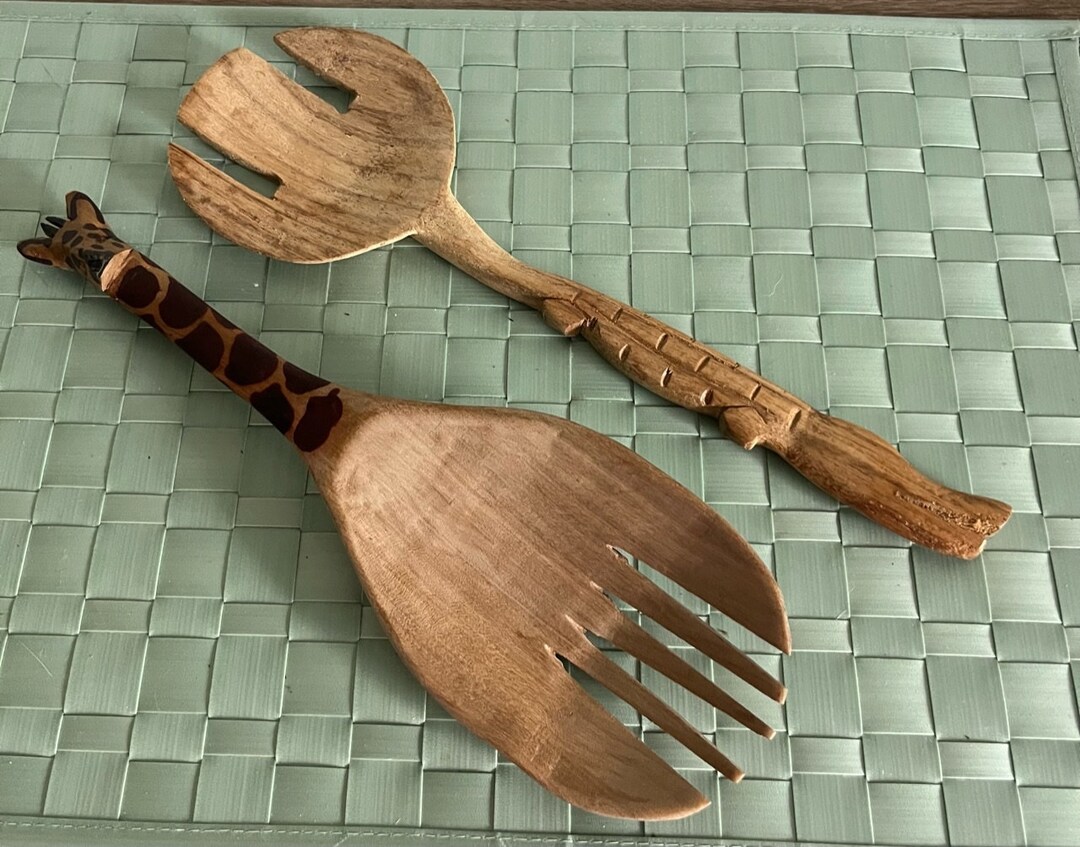 Hand Carved Wood Animal Fork and Spoon Serving Set - Etsy